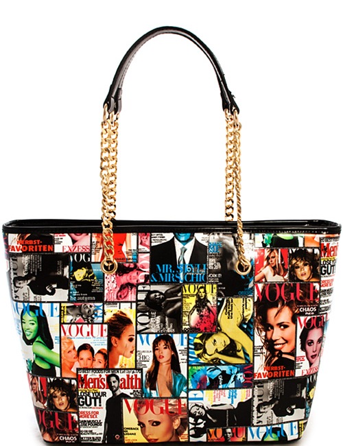Magazine Print Patent Tote Design Handbag T1755 40005 Red