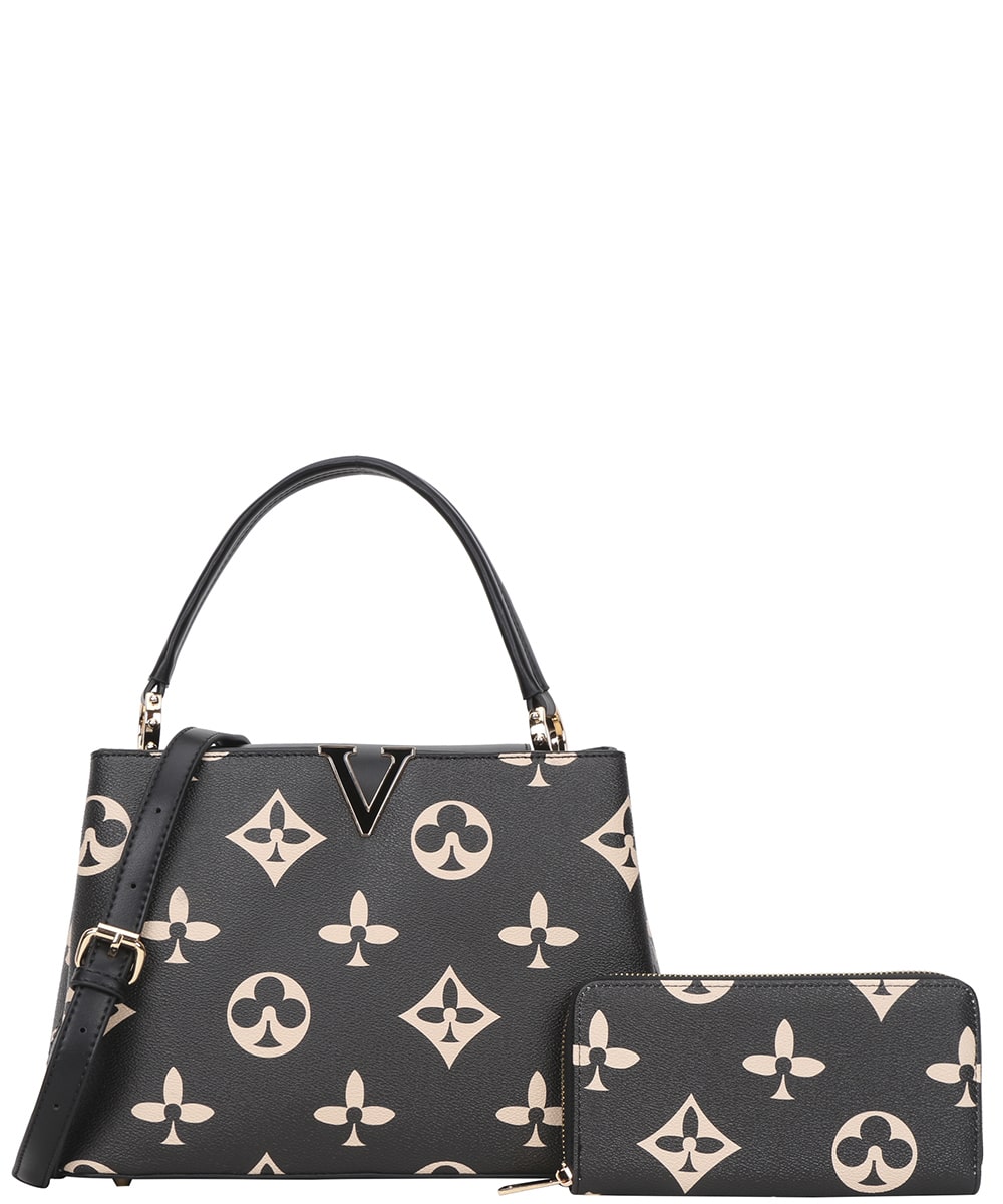 2 In1 Print v Design Handle Bag with Wallet Set DH-9110-W BLACK