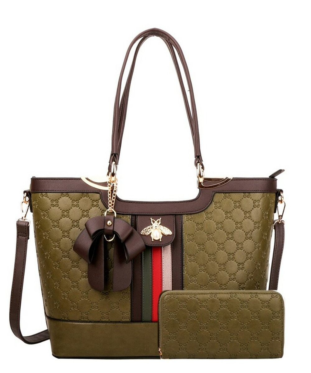 Queen Bee Bow Accent Classy Shopper Tote Set H8-8581W