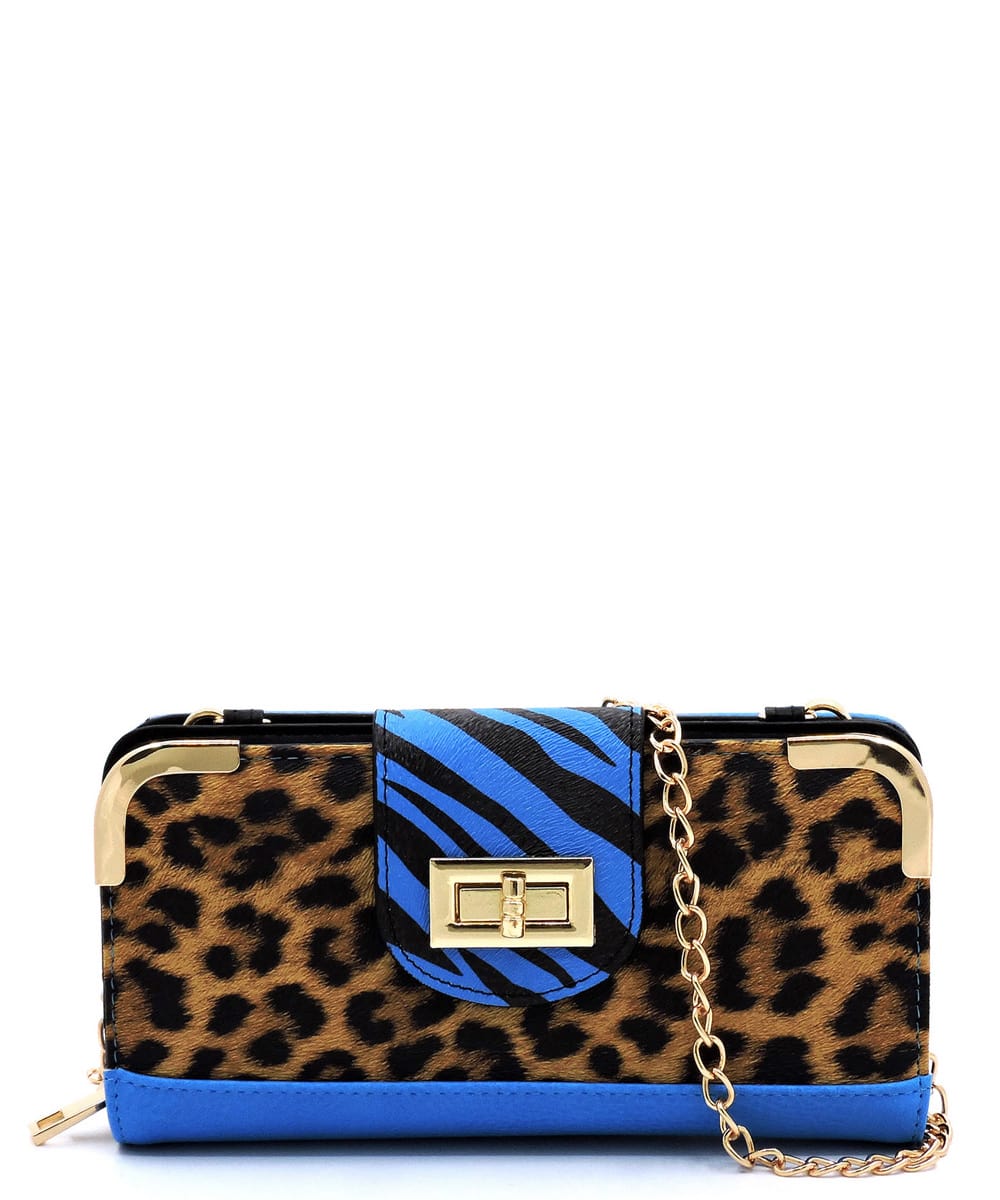 Leopard Zebra Colorblock Turn Lock Crossbody Wallet LZ041 BLUE