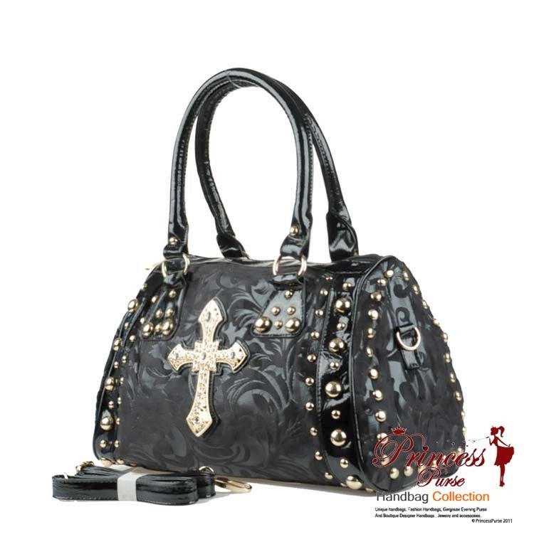 Designer Inspired Handbag w/Rhinestone Cross Emblem and Gold Studs ...