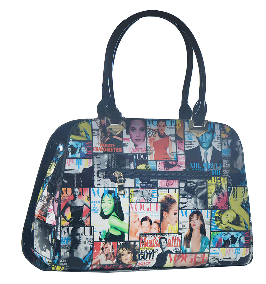 Fashion Magazine Print Faux Leather Handbag l0366 38872 Black