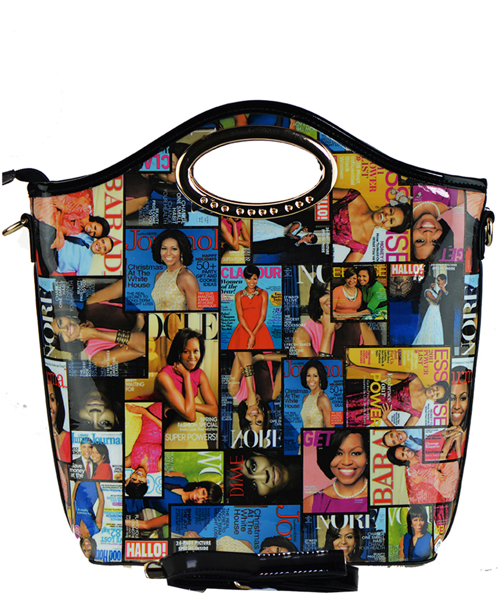 Michelle Obama Fashion Magazine Print Faux Patent Leather Handbag With ...