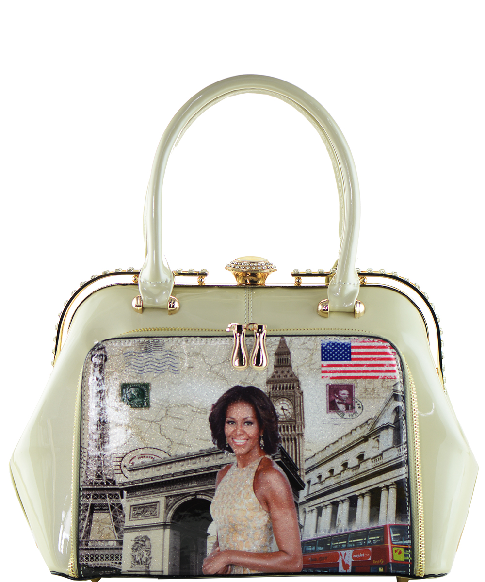 Fashion Magazine Print Faux Patent Leather Handbag With Gold ...