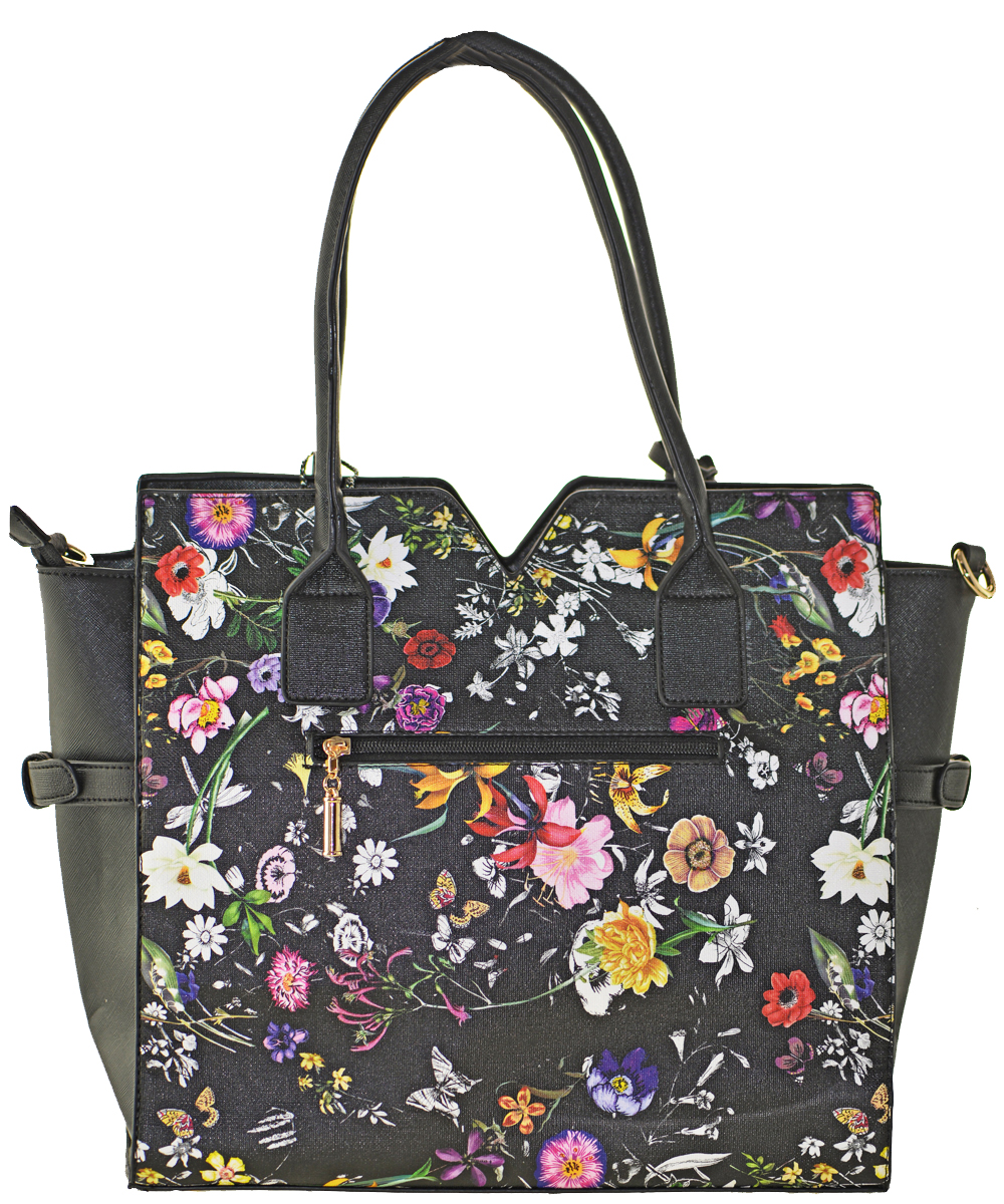 Floral Black Flower Faux Leather Tote Bag