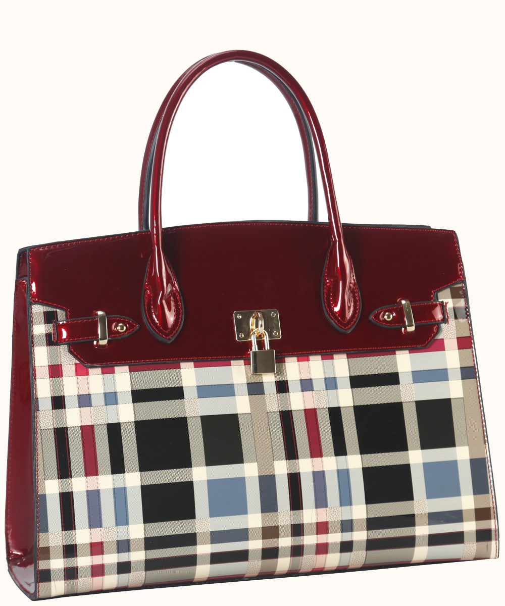 Plaid Design Patent Leather Medium Satchel with padlock deco plus ...